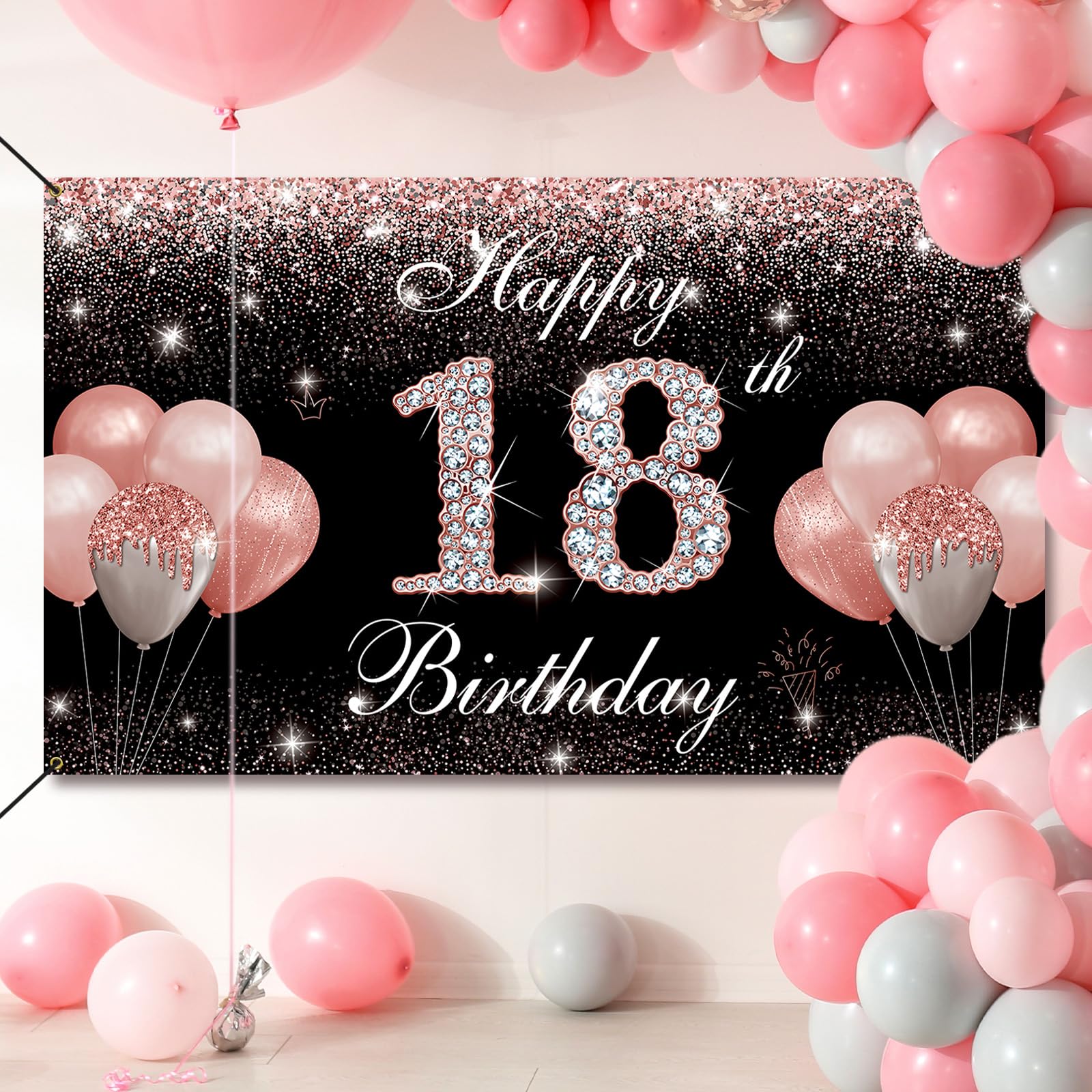 HTDZZI 18th Birthday Decorations for Girls, Happy 18th Birthday Backdrop Banner Rose Gold, 18 Year Old Birthday Party Yard Sign Photo Booth Props Background Decor Supplies for Women, Fabric