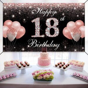 HTDZZI 18th Birthday Decorations for Girls, Happy 18th Birthday Backdrop Banner Rose Gold, 18 Year Old Birthday Party Yard Sign Photo Booth Props Background Decor Supplies for Women, Fabric