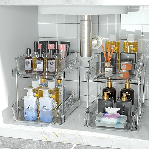 WUHUIXOZ 3 Pack 2 Tier Clear Under Bathroom Sink Organizers and Storage, Medicine Cabinet Organizer with Dividers, Pull Out Kitchen Pantry Shelf Cupboard Closet Vanity Organization Bins