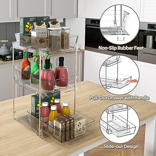 WUHUIXOZ 3 Pack 2 Tier Clear Under Bathroom Sink Organizers and Storage, Medicine Cabinet Organizer with Dividers, Pull Out Kitchen Pantry Shelf Cupboard Closet Vanity Organization Bins