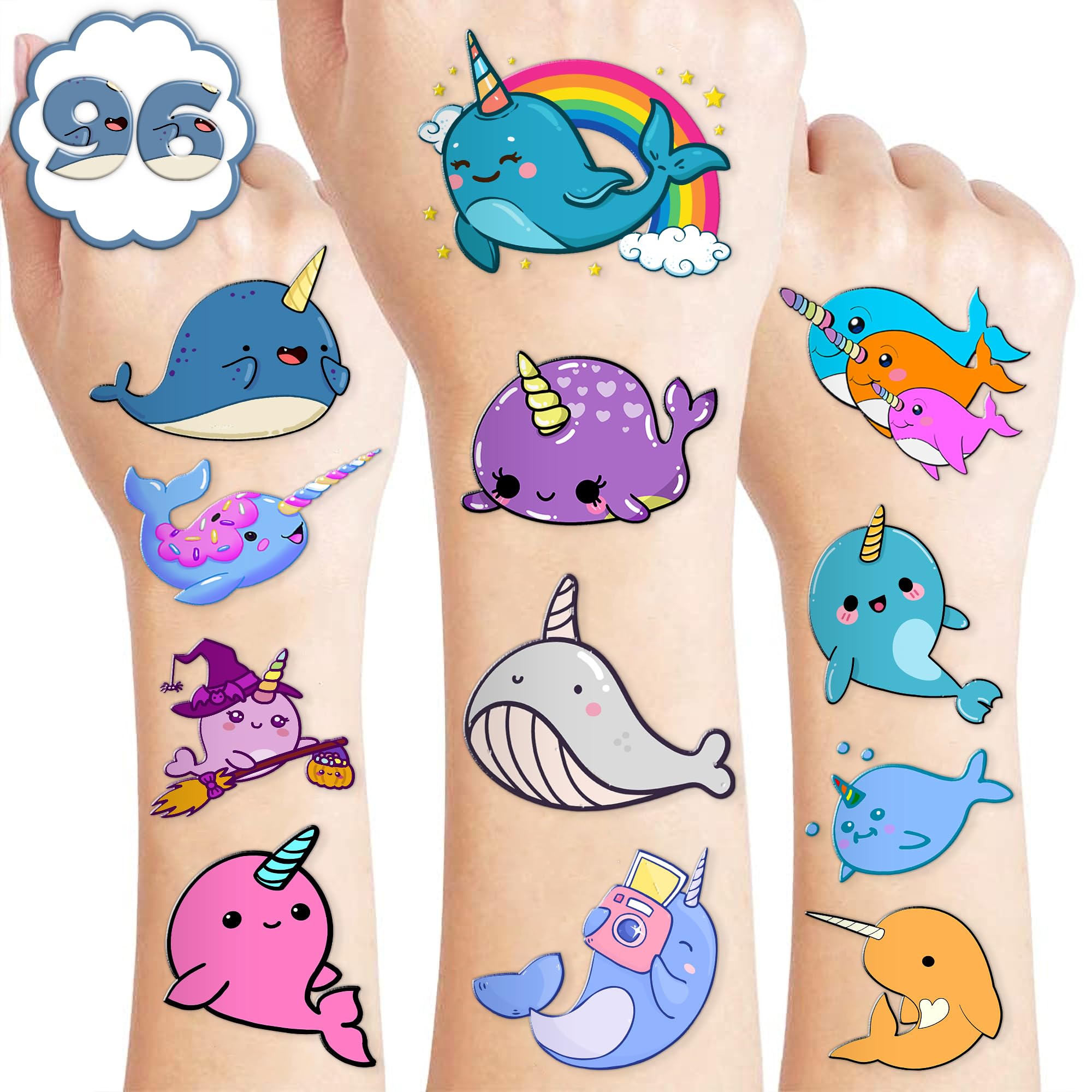 Narwhal Temporary Tattoos - Themed Whale Unicorn Birthday Party Supplies Decorations 96PCS Tattoos Stickers Party Favors Animal Fun Super Cute Kids Girls Boys Gifts Classroom School Prizes Christmas