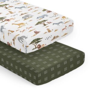 sweet jojo designs jungle animals boy girl gender neutral unisex baby fitted crib sheet set infant newborn nursery toddler bed room standard mattress 2p green boho wildlife safari animal elephant