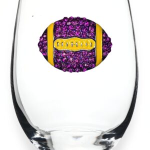 THE QUEENS' JEWELS Football - Purple and Gold - Jeweled Stemless Wine Glass, 21 oz. - Unique Gift for Women, Birthday, Cute, Fun, Not Painted, Decorated, Bling, Bedazzled, Rhinestone