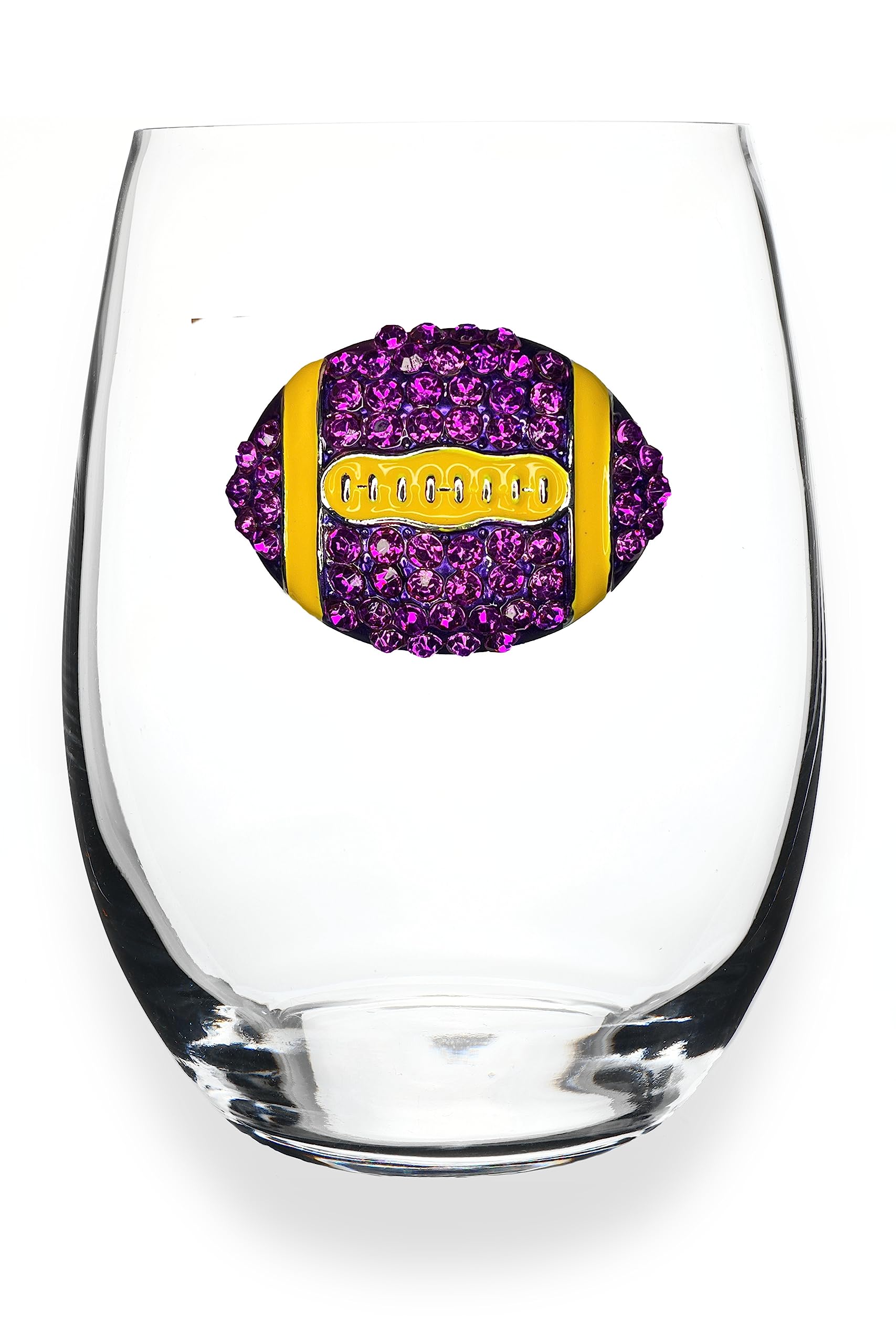 THE QUEENS' JEWELS Football - Purple and Gold - Jeweled Stemless Wine Glass, 21 oz. - Unique Gift for Women, Birthday, Cute, Fun, Not Painted, Decorated, Bling, Bedazzled, Rhinestone