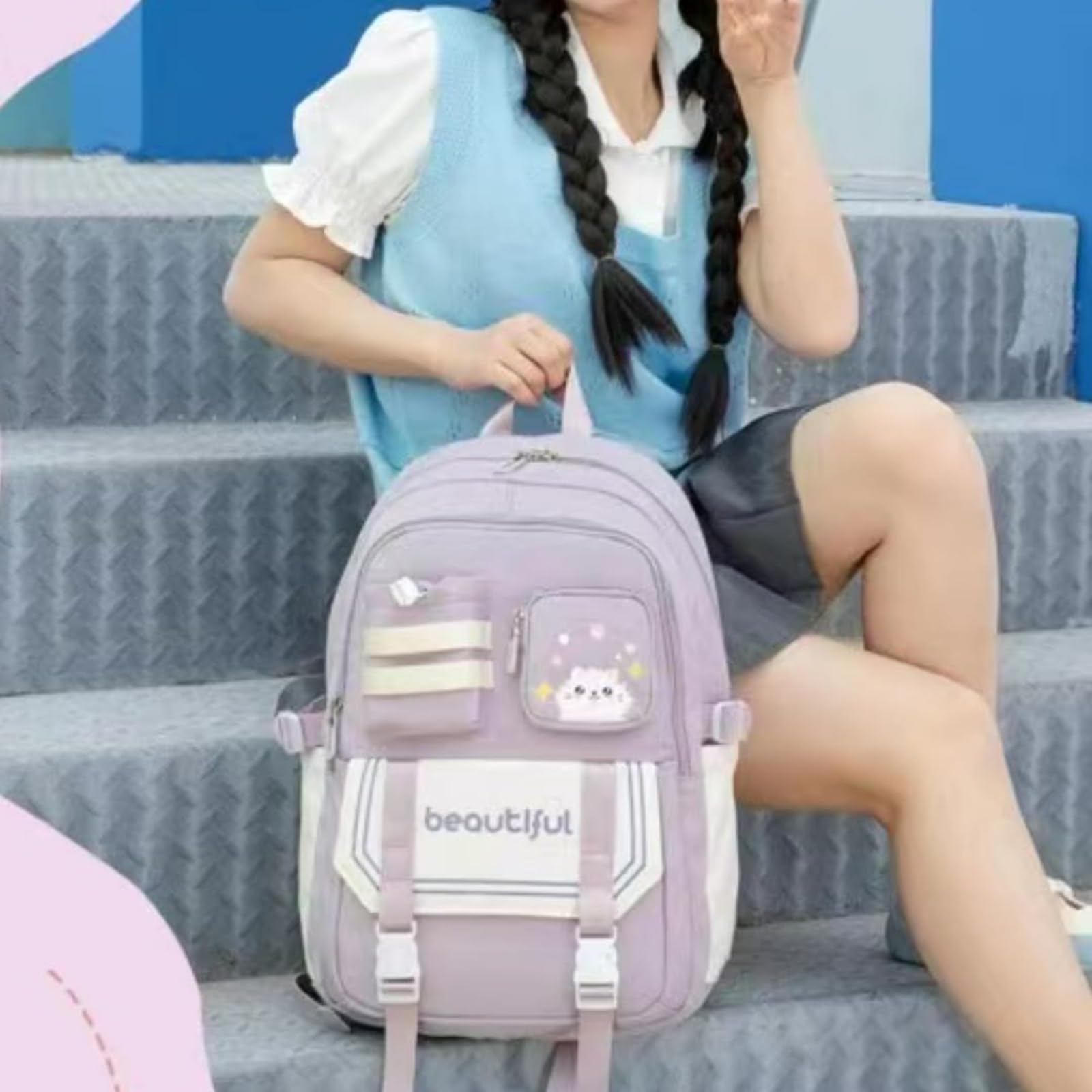 ORTROLA Kawaii Backpack with Cute Accessories Cute Outdoor Zipper Bag with Pendant Large Capacity