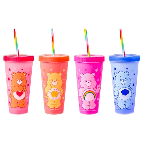 Silver Buffalo Care Bears Hearts and Stars 4 Pack Plastic Color Changing Tumblers with Rainbow Swirl Straws Featuring Tenderheart, Funshine, Cheer, and Grumpy Bear 24 Ounces