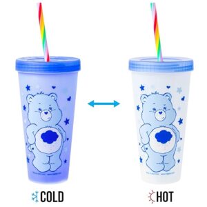 Silver Buffalo Care Bears Hearts and Stars 4 Pack Plastic Color Changing Tumblers with Rainbow Swirl Straws Featuring Tenderheart, Funshine, Cheer, and Grumpy Bear 24 Ounces