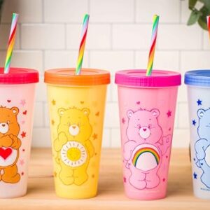 Silver Buffalo Care Bears Hearts and Stars 4 Pack Plastic Color Changing Tumblers with Rainbow Swirl Straws Featuring Tenderheart, Funshine, Cheer, and Grumpy Bear 24 Ounces