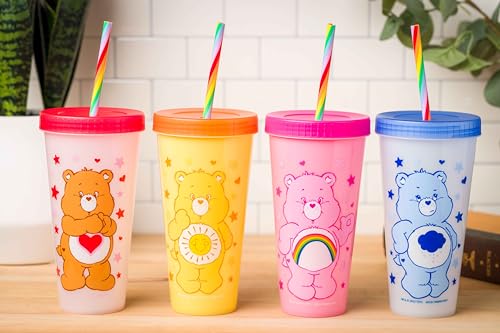 Silver Buffalo Care Bears Hearts and Stars 4 Pack Plastic Color Changing Tumblers with Rainbow Swirl Straws Featuring Tenderheart, Funshine, Cheer, and Grumpy Bear 24 Ounces