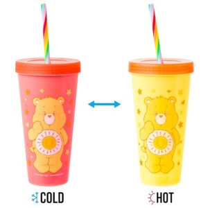 Silver Buffalo Care Bears Hearts and Stars 4 Pack Plastic Color Changing Tumblers with Rainbow Swirl Straws Featuring Tenderheart, Funshine, Cheer, and Grumpy Bear 24 Ounces