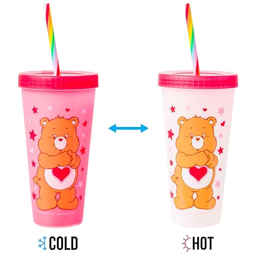 Silver Buffalo Care Bears Hearts and Stars 4 Pack Plastic Color Changing Tumblers with Rainbow Swirl Straws Featuring Tenderheart, Funshine, Cheer, and Grumpy Bear 24 Ounces