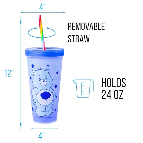 Silver Buffalo Care Bears Hearts and Stars 4 Pack Plastic Color Changing Tumblers with Rainbow Swirl Straws Featuring Tenderheart, Funshine, Cheer, and Grumpy Bear 24 Ounces