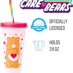 Silver Buffalo Care Bears Hearts and Stars 4 Pack Plastic Color Changing Tumblers with Rainbow Swirl Straws Featuring Tenderheart, Funshine, Cheer, and Grumpy Bear 24 Ounces