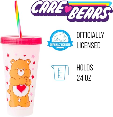 Silver Buffalo Care Bears Hearts and Stars 4 Pack Plastic Color Changing Tumblers with Rainbow Swirl Straws Featuring Tenderheart, Funshine, Cheer, and Grumpy Bear 24 Ounces