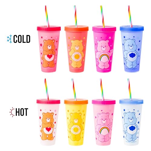 Silver Buffalo Care Bears Hearts and Stars 4 Pack Plastic Color Changing Tumblers with Rainbow Swirl Straws Featuring Tenderheart, Funshine, Cheer, and Grumpy Bear 24 Ounces