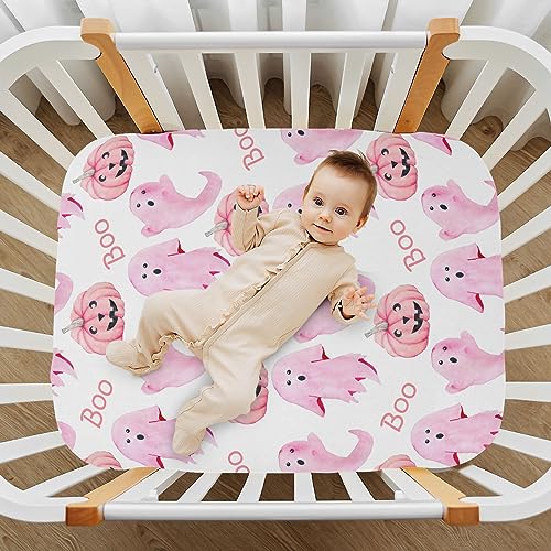 Mazeann Halloween Ghosts Pink Crib Sheets Soft Breathable Fitted Baby Crib Sheets Mattress Cover for Girl Boys, 52" x 28" x 9"