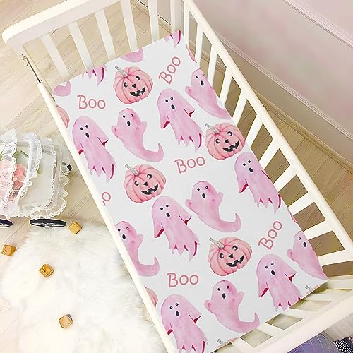 Mazeann Halloween Ghosts Pink Crib Sheets Soft Breathable Fitted Baby Crib Sheets Mattress Cover for Girl Boys, 52" x 28" x 9"