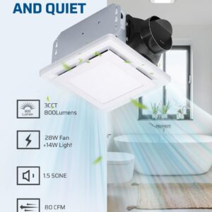 DEWENWILS Bathroom Exhaust Fan with Light, 14W Ceiling Mount Ventilation Fans, 80 CFM 1.5 Sones Bathroom Vent Fan with Light for Home, 800lm LED Light 3000K/4000K/5000K 3CCT Adjustable, White