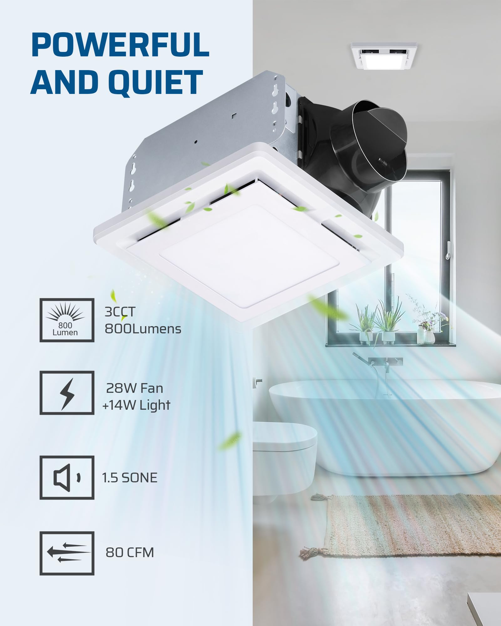 DEWENWILS Bathroom Exhaust Fan with Light, 14W Ceiling Mount Ventilation Fans, 80 CFM 1.5 Sones Bathroom Vent Fan with Light for Home, 800lm LED Light 3000K/4000K/5000K 3CCT Adjustable, White