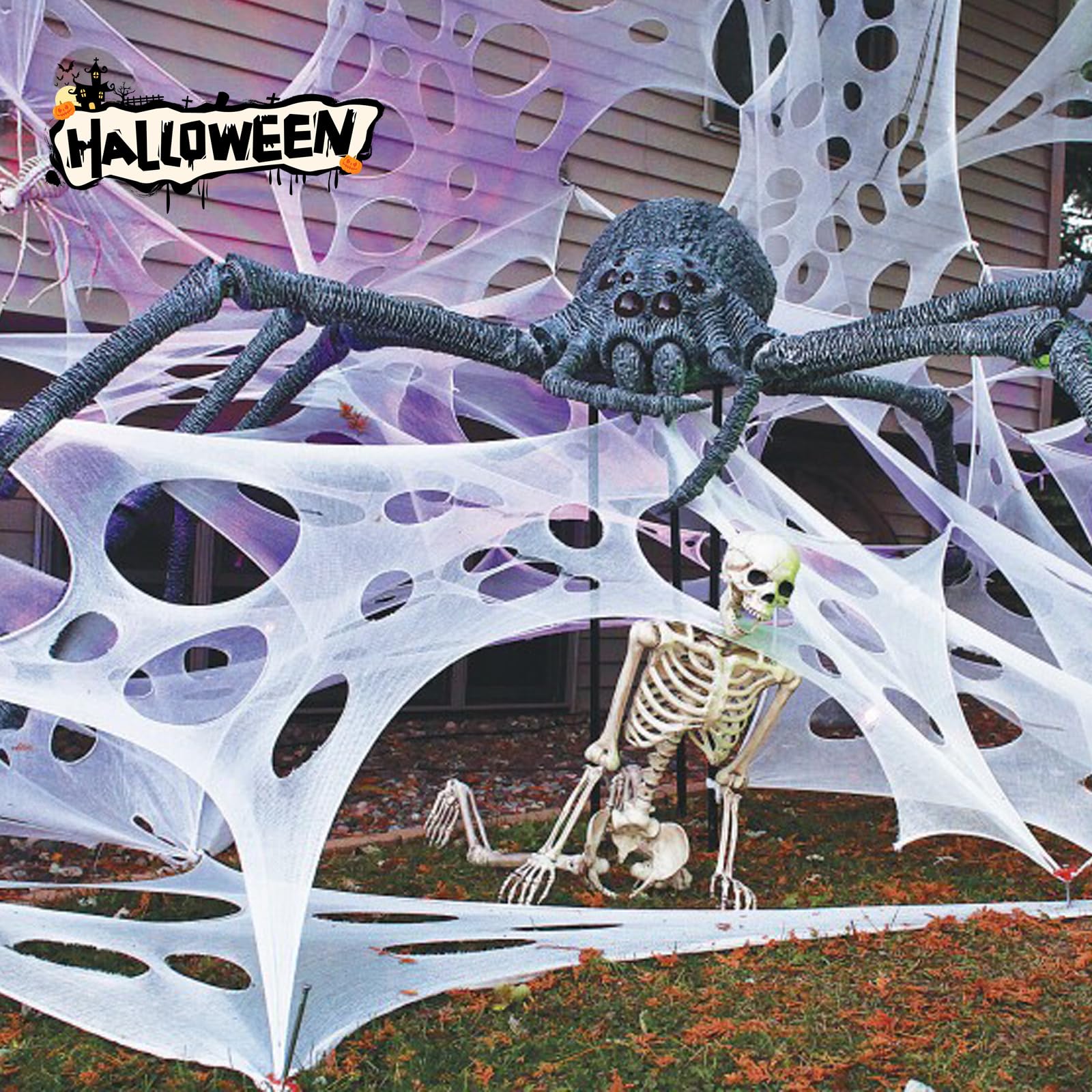 ANYGIFT DIY Halloween Spider Web Cloth Decorations,10 x 5.33Ft Stretchy Spiderweb for Halloween, Spooky Giant Spider Web Decorations for Outside House Halloween Outdoor Decor(White)