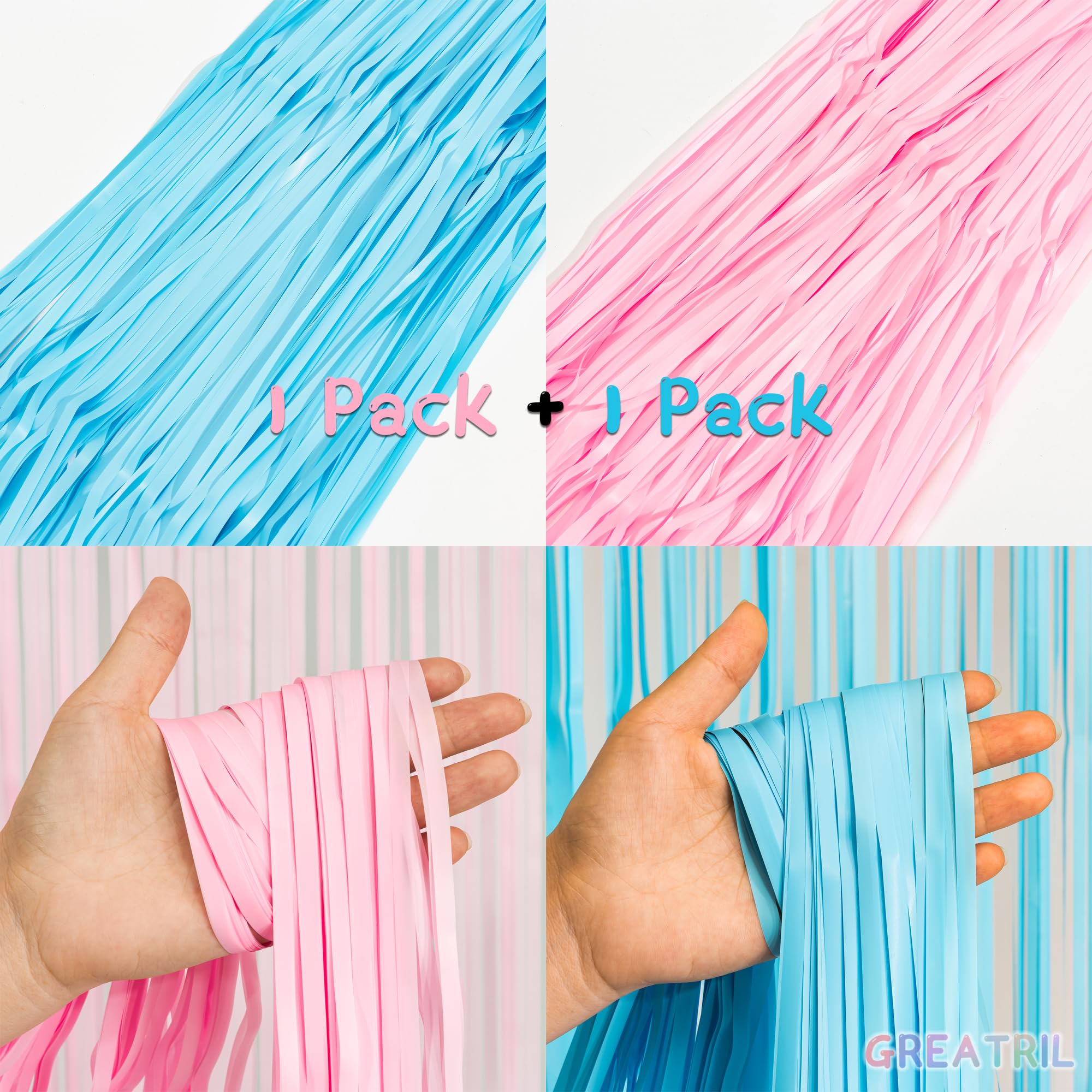 Pink and Blue Party Photo Backdrop - GREATRIL Foil Fringe Tinsel Streamers for Boy or Girl/Pastel/Easter/Birthdays Party Decoration - 3.2ft X 8.2ft - 2 Packs