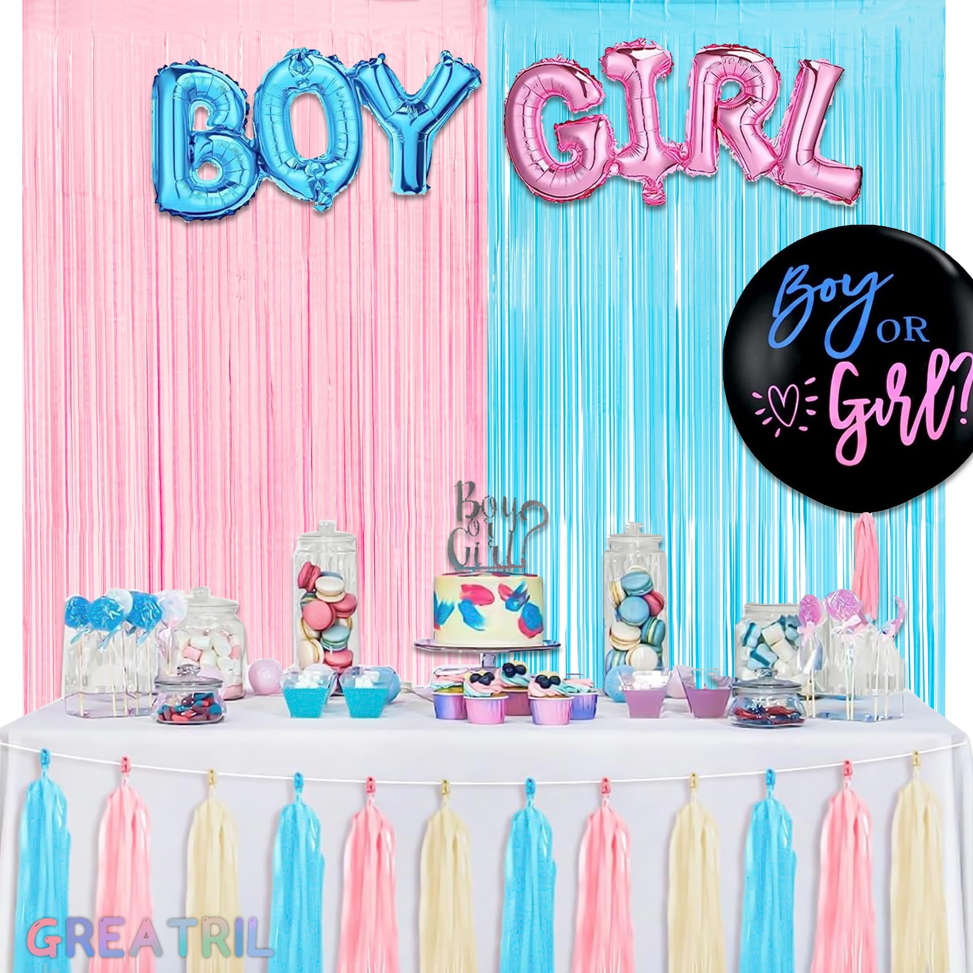 Pink and Blue Party Photo Backdrop - GREATRIL Foil Fringe Tinsel Streamers for Boy or Girl/Pastel/Easter/Birthdays Party Decoration - 3.2ft X 8.2ft - 2 Packs