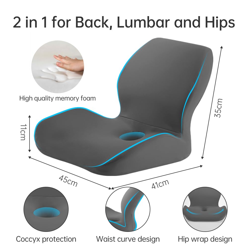 Geeco Memory Foam Seat Cushion and Lumbar Support Pillow 2 in 1, Chair Cushion for Office Chair Car Seat Wheelchair, Orthopedic Seat Cushion Ergonomic Back Support for Lower Back Hip Pain Relief