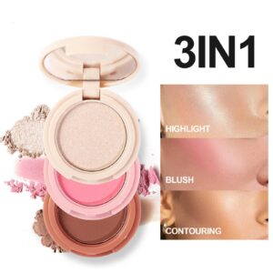 MEICOLY 3-in-1 Compact Powder Blush Highlighter Contour Makeup Set,Silky Smooth Face Blush Cheek Tint,Moisturizing Face Luminizer Bronzer for Women,Trio Eyeshadow Powder Makeup,Medium