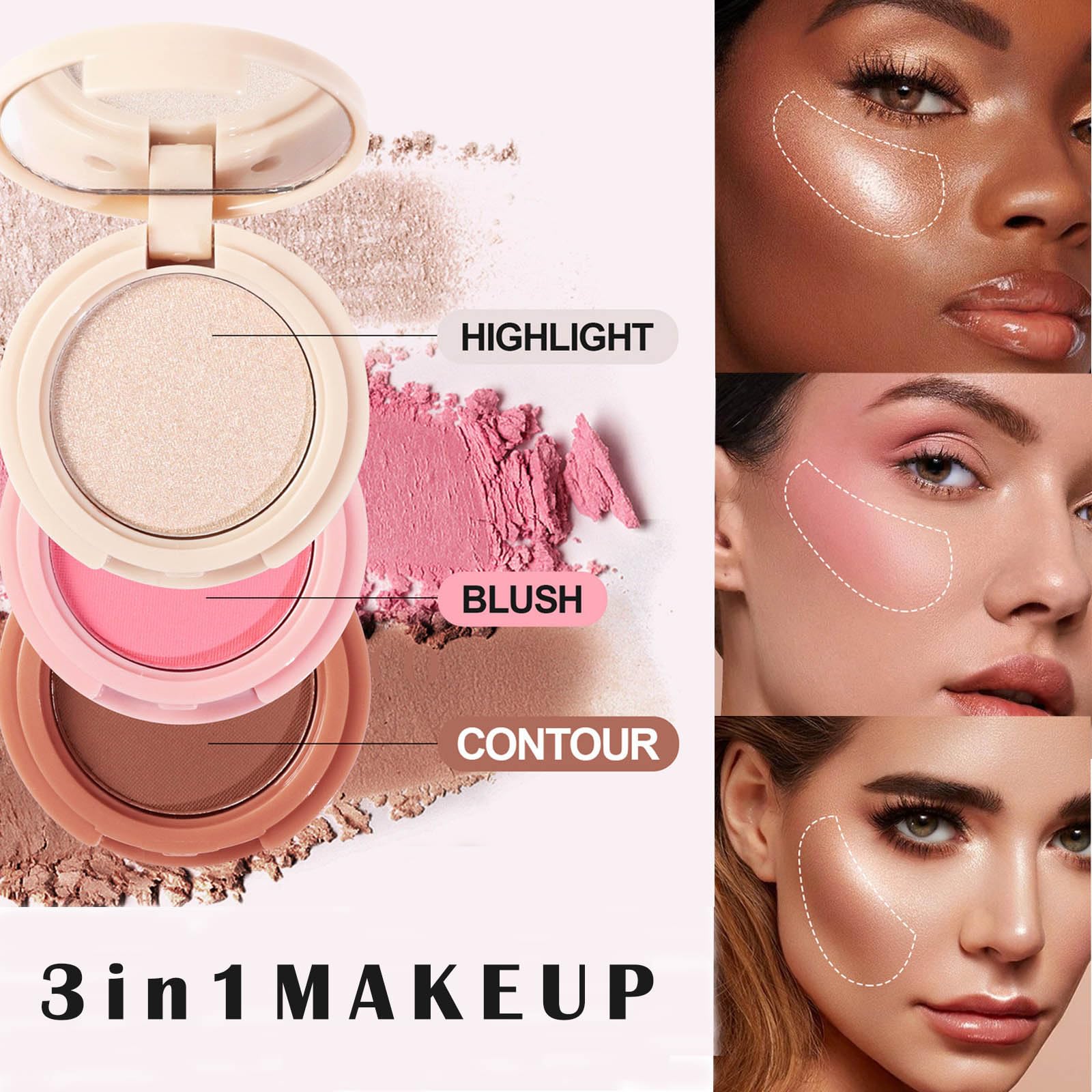 MEICOLY 3-in-1 Compact Powder Blush Highlighter Contour Makeup Set,Silky Smooth Face Blush Cheek Tint,Moisturizing Face Luminizer Bronzer for Women,Trio Eyeshadow Powder Makeup,Medium