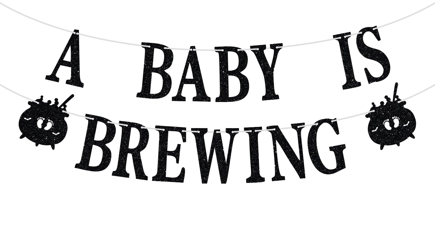 A Baby is Brewing Banner, Halloween Theme Baby First Birthday/Baby Shower/Gender Reveal/Pregnancy Celebration Party Decoration Supplies, Black Glitter