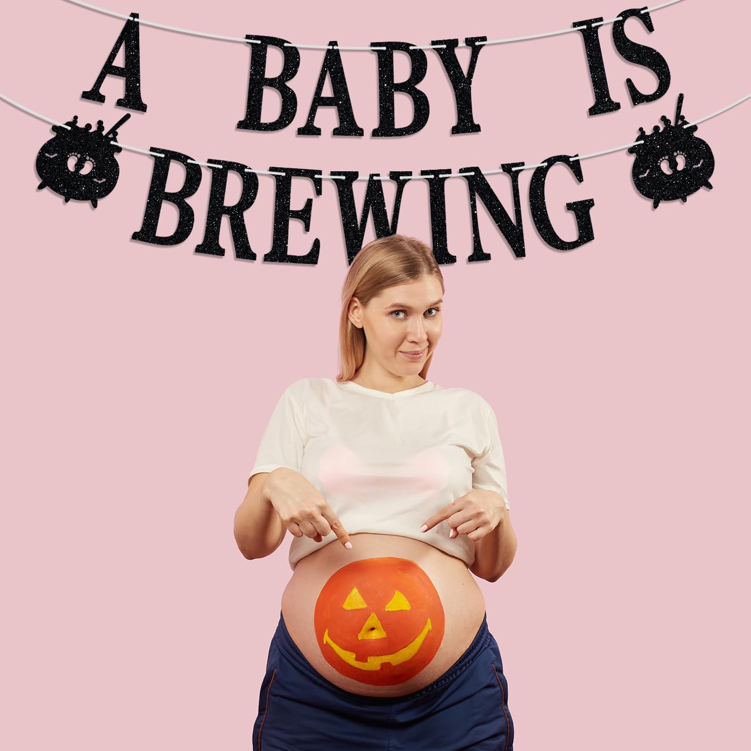 A Baby is Brewing Banner, Halloween Theme Baby First Birthday/Baby Shower/Gender Reveal/Pregnancy Celebration Party Decoration Supplies, Black Glitter