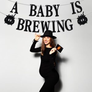 A Baby is Brewing Banner, Halloween Theme Baby First Birthday/Baby Shower/Gender Reveal/Pregnancy Celebration Party Decoration Supplies, Black Glitter