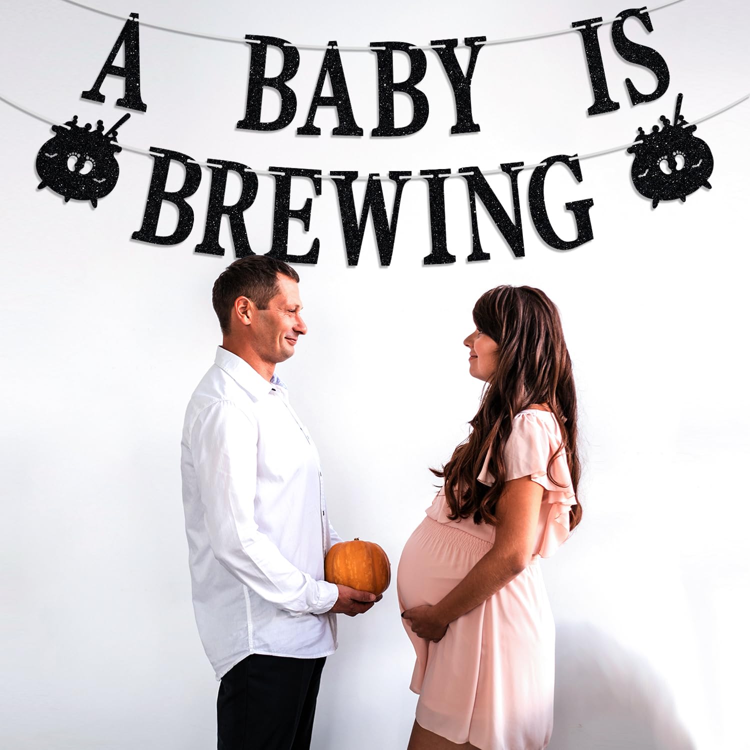 A Baby is Brewing Banner, Halloween Theme Baby First Birthday/Baby Shower/Gender Reveal/Pregnancy Celebration Party Decoration Supplies, Black Glitter