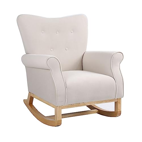 GIA Modern Nursery Rocking Chair Comfy Velvet Upholstered Glider Arm Rocker Padded Seat with High Backrest for Bedroom Living Room,Wooden Frame, Beige