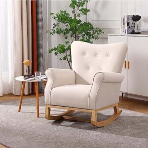 GIA Modern Nursery Rocking Chair Comfy Velvet Upholstered Glider Arm Rocker Padded Seat with High Backrest for Bedroom Living Room,Wooden Frame, Beige