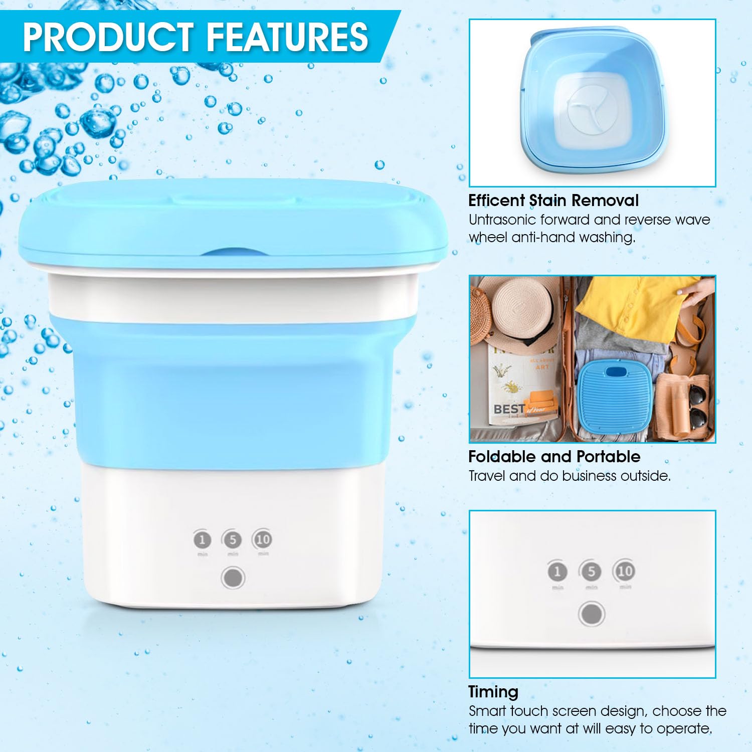 New Jalisco Portable Washing Machine, Foldable Mini Washing Machine, Small Washer for Baby Clothes, Underwear, or Small Items, Excellent Choice for Apartment, Dorm, Camping, RV (Blue)