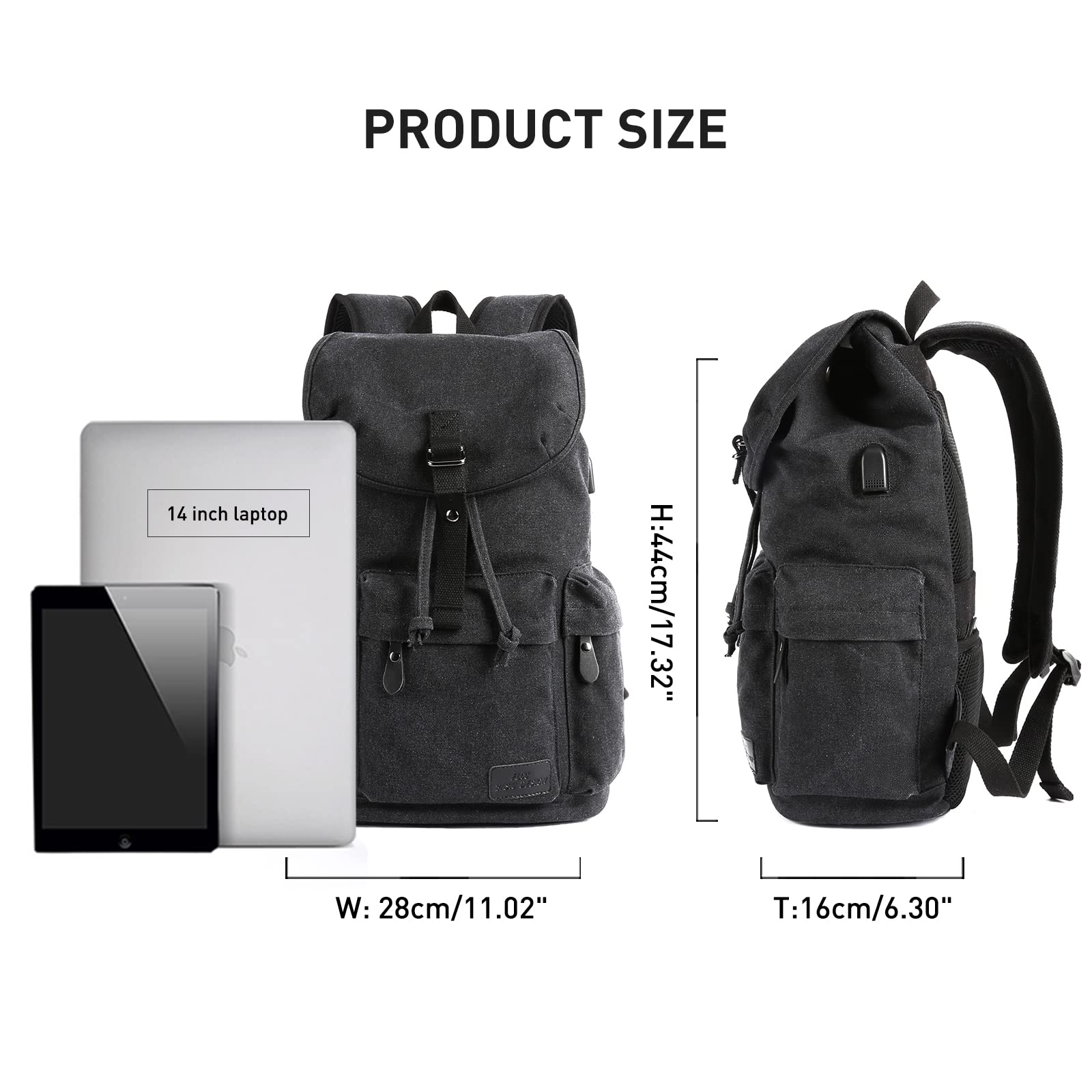 SYCNB Canvas Vintage Backpack for Men Women,Travel Laptop Backpack with USB Charging Port，Rucksack Fits 15.6 Inch Laptop