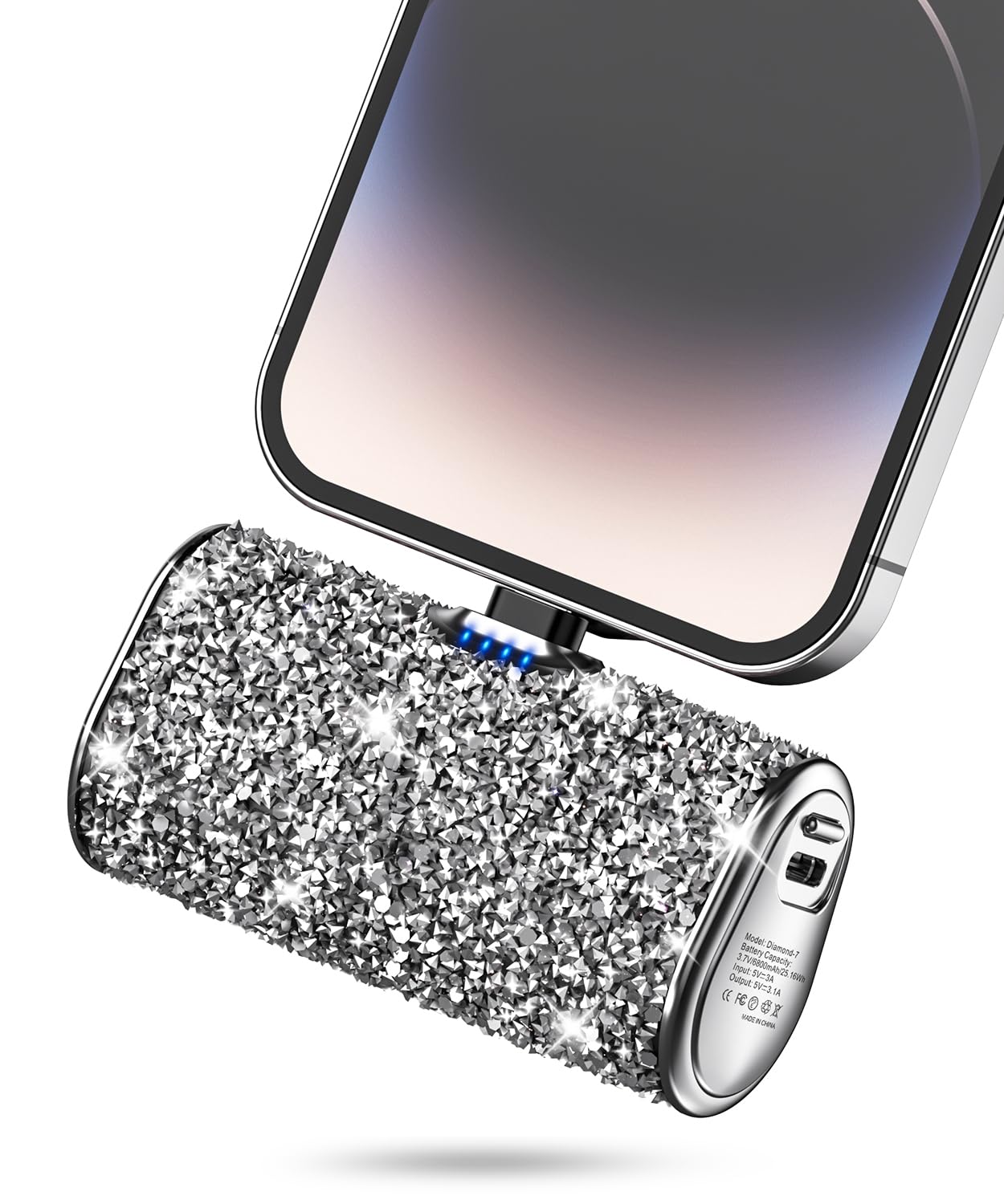 Bling Small Portable Charger, Power Bank, 6800mAh Ultra Compact Cute Shining Battery Pack 5V3.1A Fast Charger Built-in iOS Connector and Flashlight for iPhone 14 Series to iPhone 5 Series(Silver)