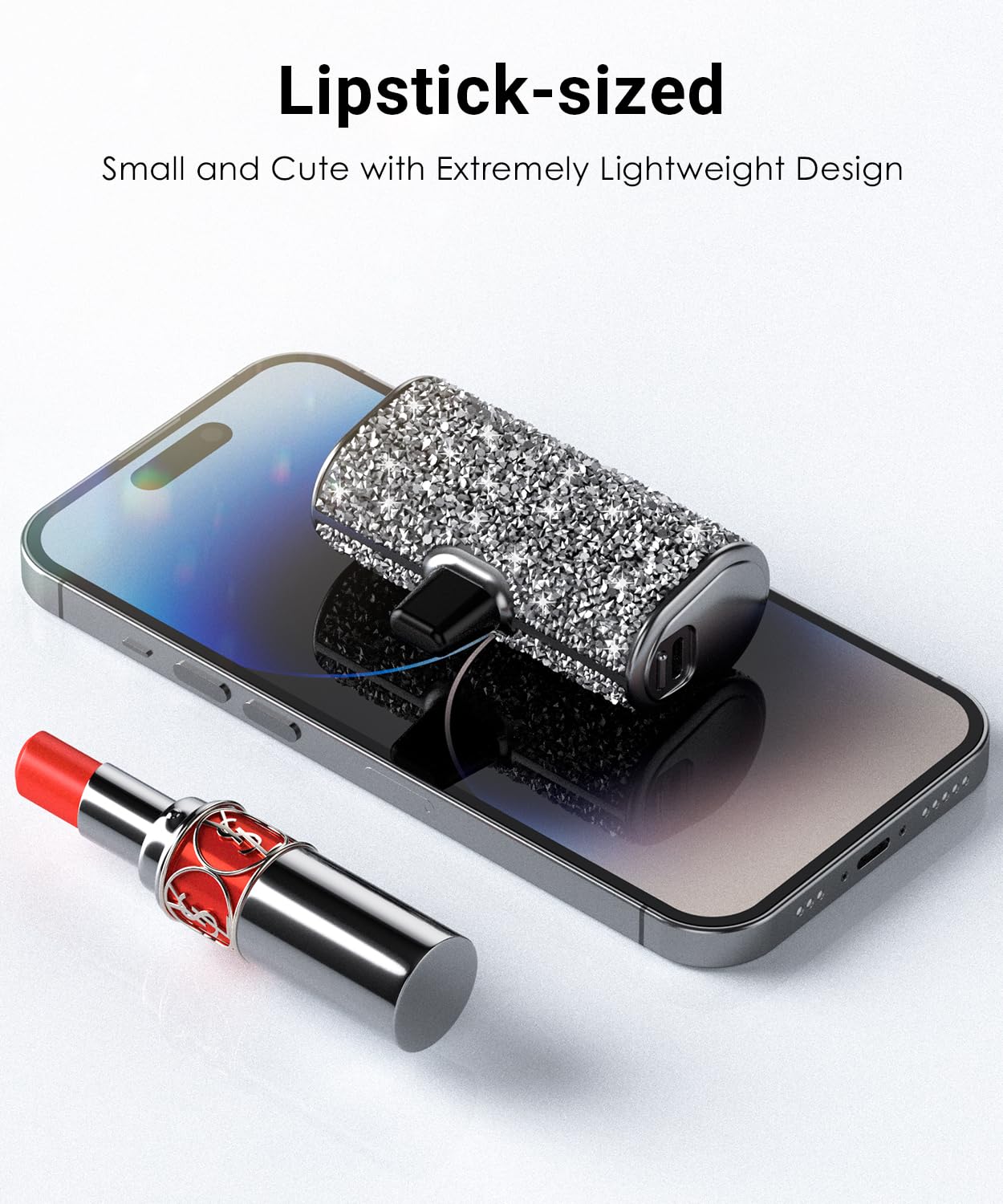 Bling Small Portable Charger, Power Bank, 6800mAh Ultra Compact Cute Shining Battery Pack 5V3.1A Fast Charger Built-in iOS Connector and Flashlight for iPhone 14 Series to iPhone 5 Series(Silver)