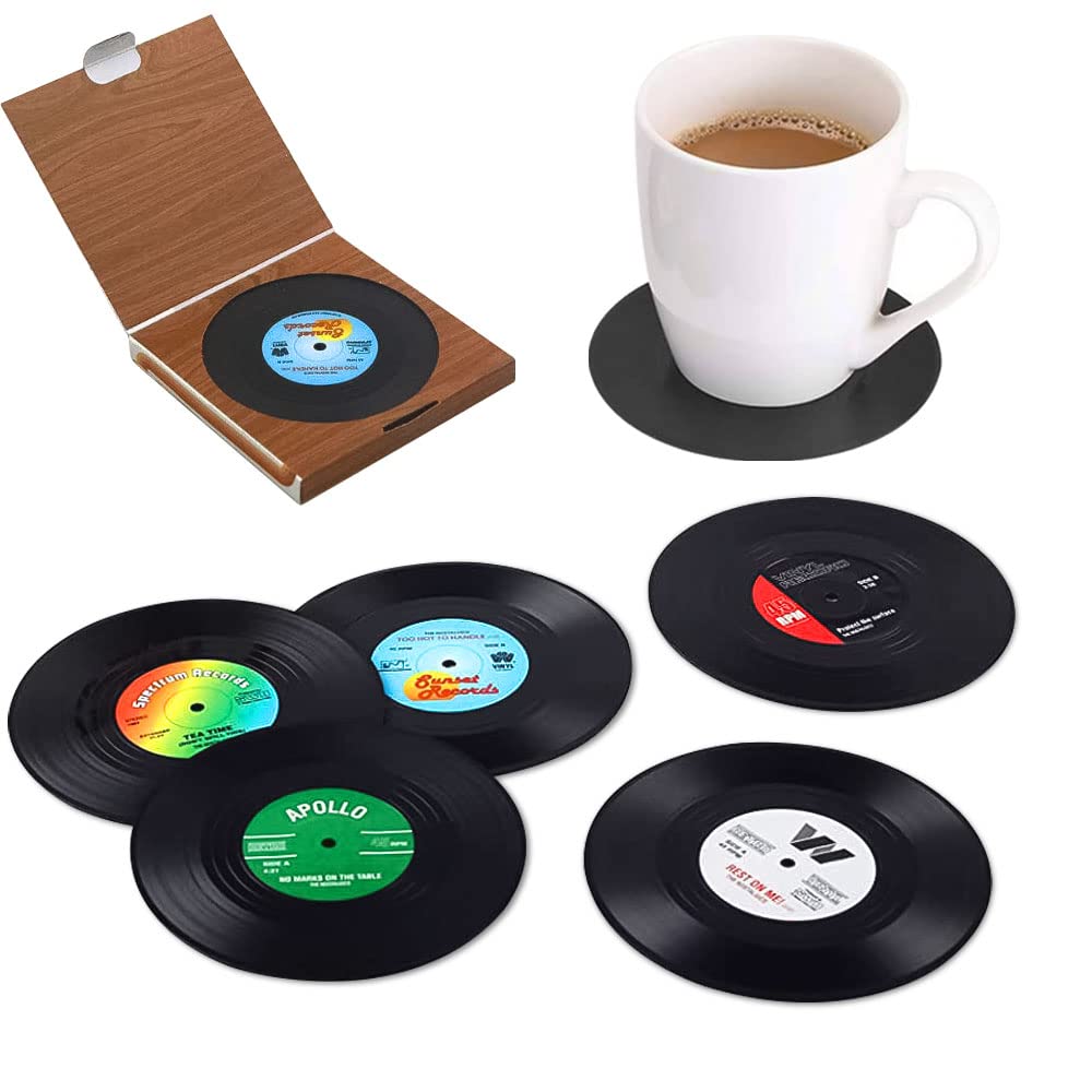 Coasters for Drinks with Gift Box Retro Disk Vinyl Record CD Coasters Set of 6 Non-Slip and Perfect for Restaurant/Bar/Party/Cake Decoration