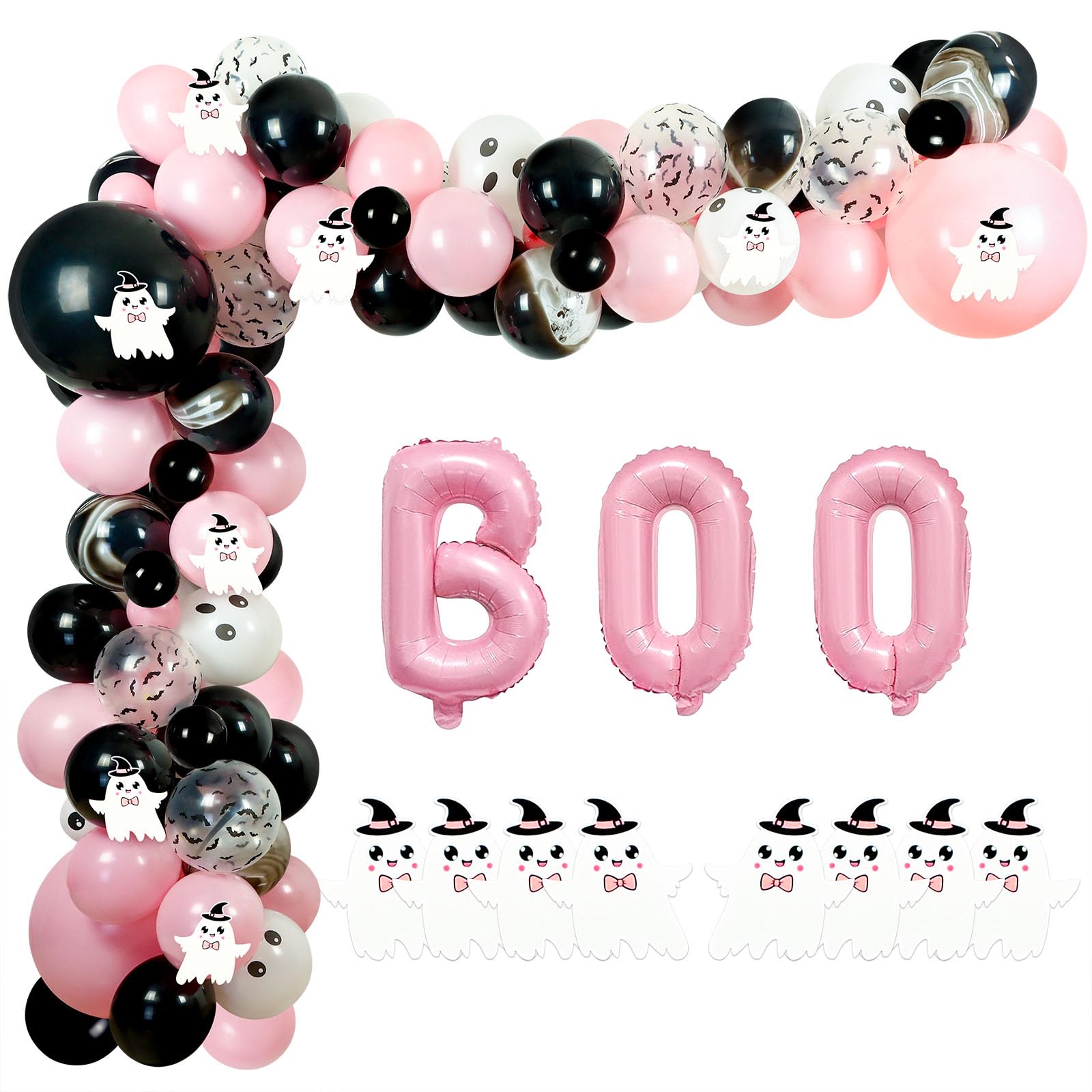 Halloween Balloon Arch Garland Kit, 122Pcs Pink Black Halloween Balloons Decorations with Ghost-pattern Cards for Halloween Themed Baby Shower Decorations Halloween Day Party Decorations