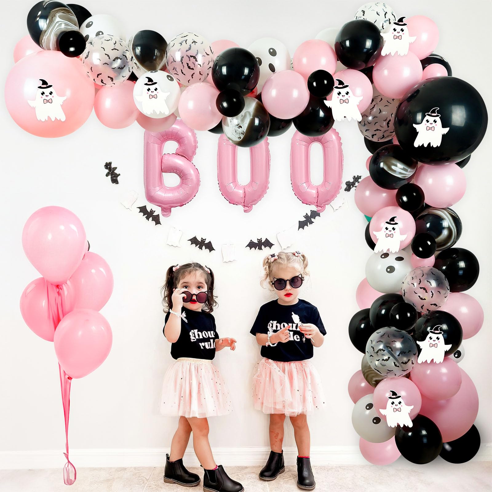 Halloween Balloon Arch Garland Kit, 122Pcs Pink Black Halloween Balloons Decorations with Ghost-pattern Cards for Halloween Themed Baby Shower Decorations Halloween Day Party Decorations