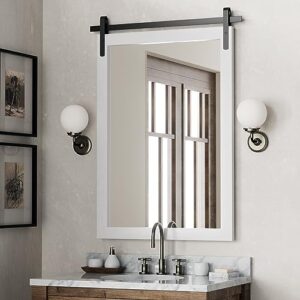 white framed bathroom mirror, 24x36 inch wood frame vanity mirror, farmhouse wall mounted rectangle barn door dressing mirrors (lean/vertical)