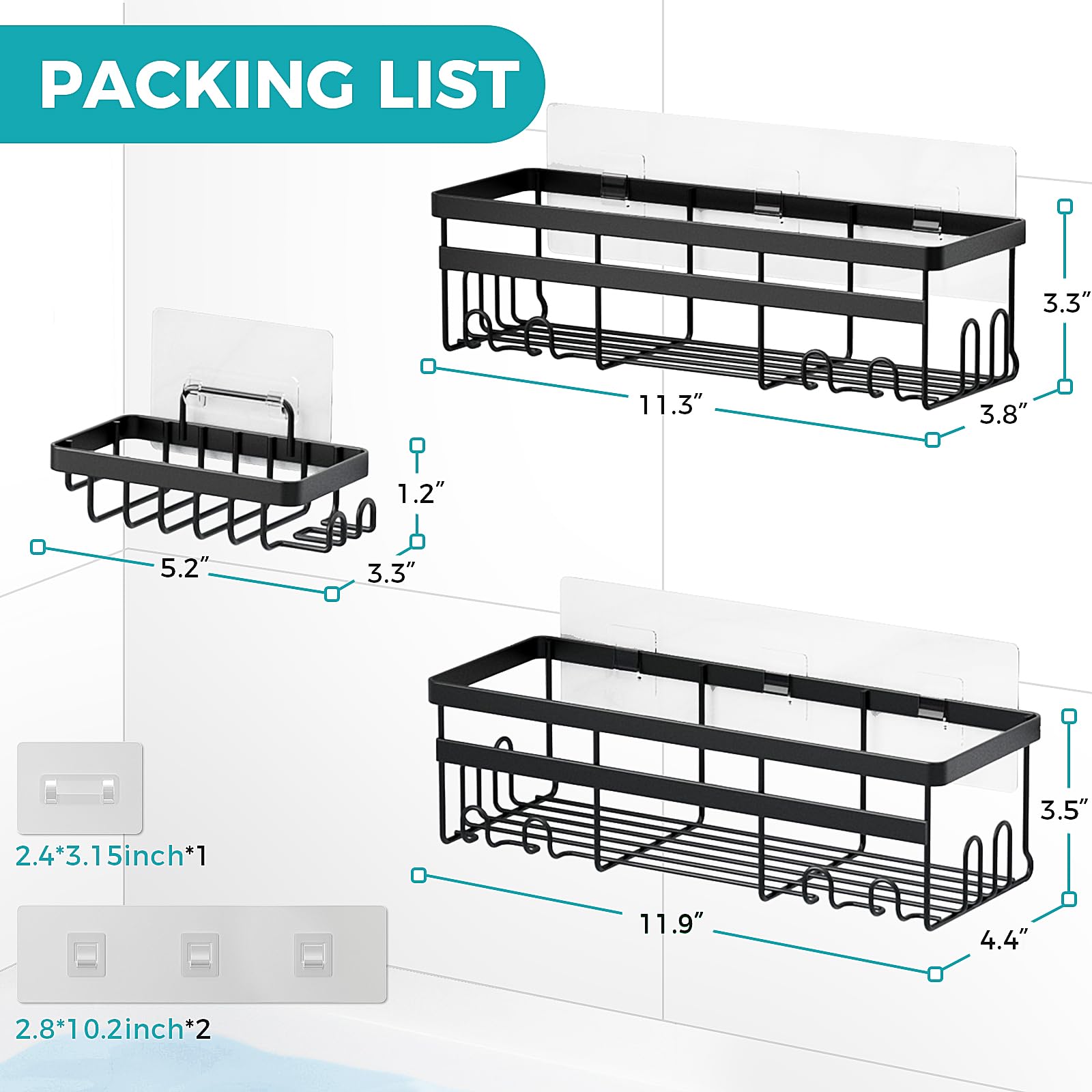 HomeHacks Shower Caddy, 3-Pack with Soap Holder, No Drilling Rustproof Organizer with Save Space Hooks, Apartment Essentials for Bathroom, Kitchen & Living Room, Shelf for Inside Shower