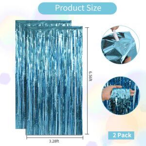 BEISHIDA 2 Pcs Light Blue Door Streamers Tinsel Curtain Party Backdrop Fringe Foil Wall Background for Birthday Halloween Christmas Wedding Boys Babyshower Party Decoration(3.28 ft x 6.56 ft)