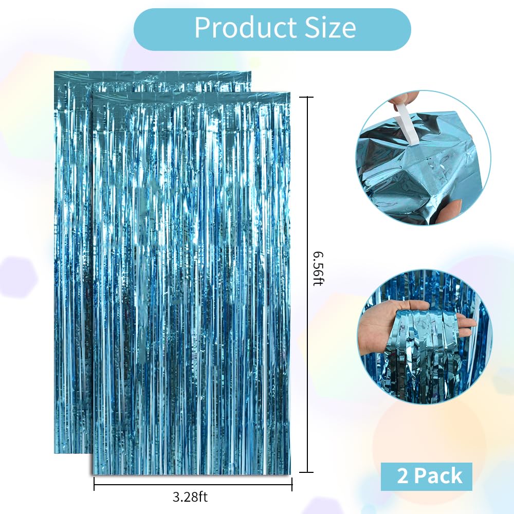 BEISHIDA 2 Pcs Light Blue Door Streamers Tinsel Curtain Party Backdrop Fringe Foil Wall Background for Birthday Halloween Christmas Wedding Boys Babyshower Party Decoration(3.28 ft x 6.56 ft)