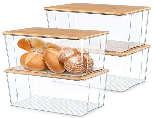 Hudgan 4 Pcs Acrylic Bread Box with Bamboo Lid, Bread Keeper Container for Homemade Bread, Clear Snack Storage Organizer