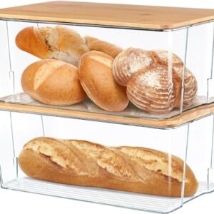 Hudgan 4 Pcs Acrylic Bread Box with Bamboo Lid, Bread Keeper Container for Homemade Bread, Clear Snack Storage Organizer