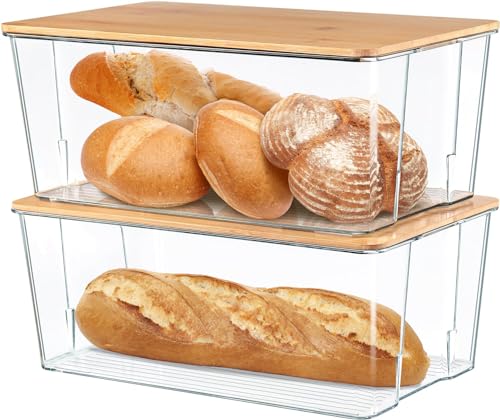 Hudgan 4 Pcs Acrylic Bread Box with Bamboo Lid, Bread Keeper Container for Homemade Bread, Clear Snack Storage Organizer