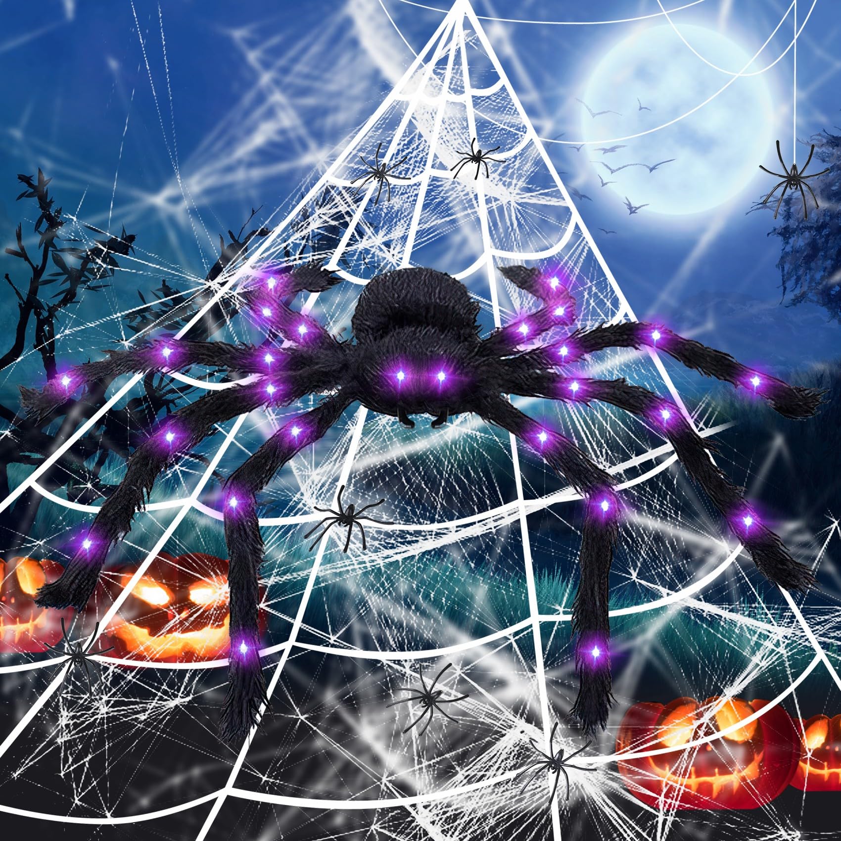 Spider Webs Halloween Decorations, 59'' Light-up Giant Spider + 236'' Giant Triangular Spider Web + 0.08lb Stretch Cobwebs for Indoor and Outdoor Patio Party Haunted House Decoration(Black Plush)